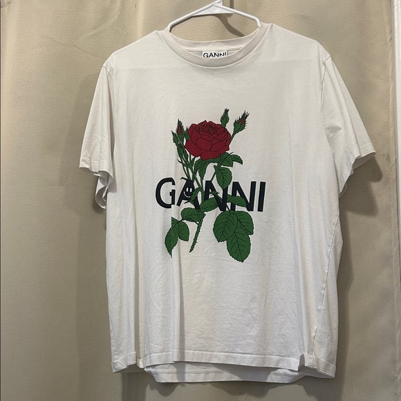 Ganni | Tops | Ganni White Tee With Red And Green Rose Design | Poshmark